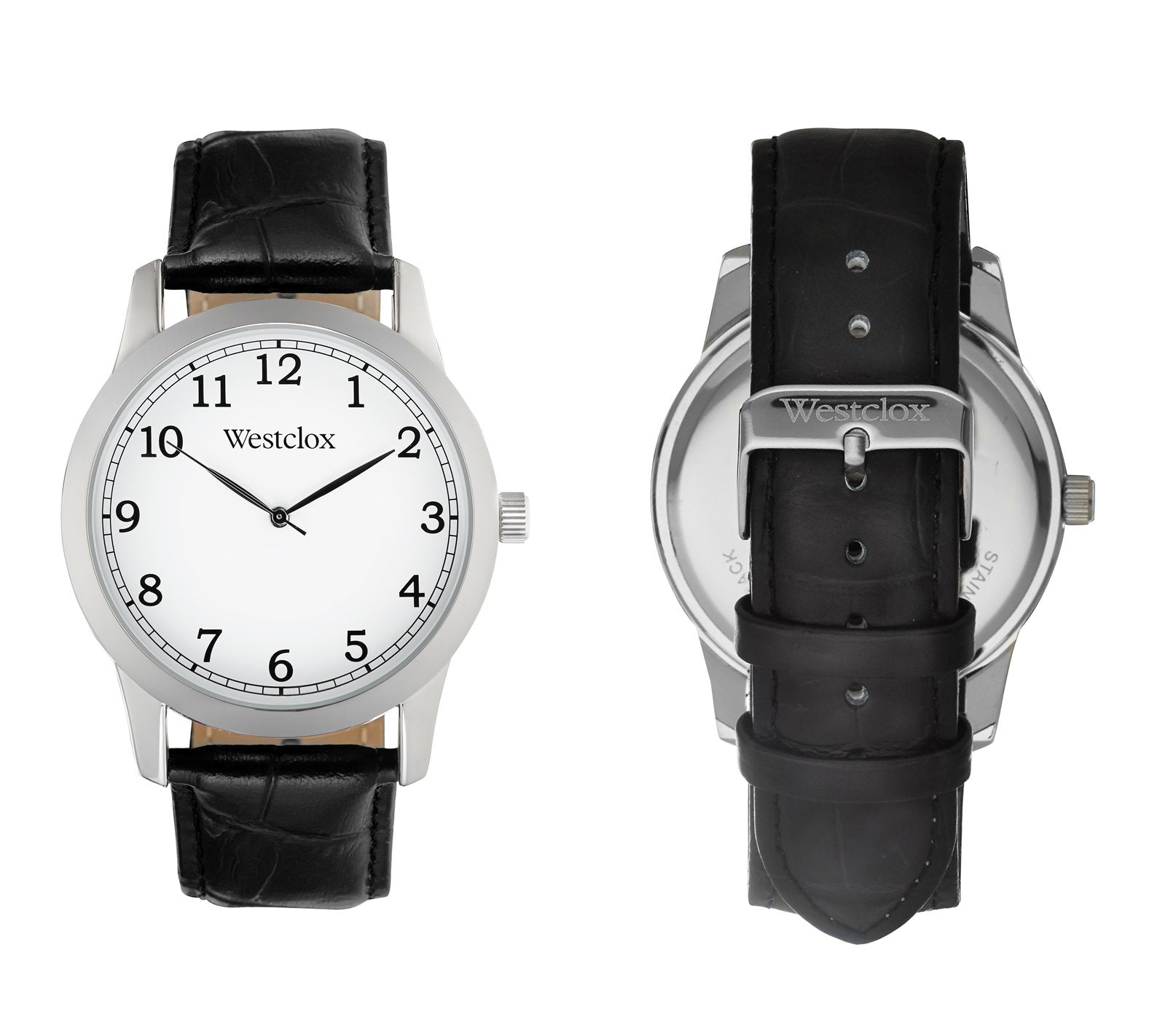 Westclox Watch with Genuine Black Leather Band and Easy to Read White