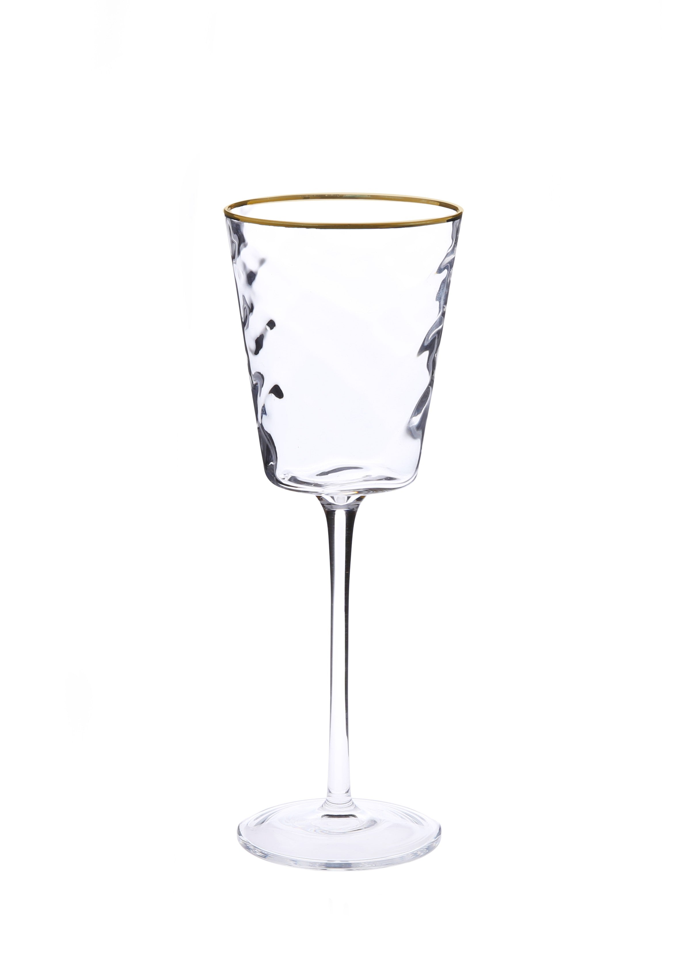 Classic Touch Set of 6 Pebbled Stemmed Water Glass with Gold Rim